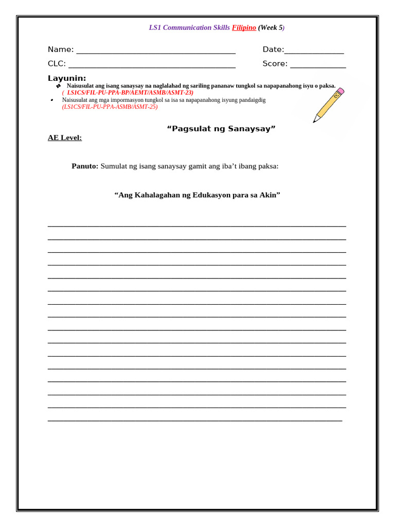 Worksheets LS1 Pagsulat Ng Sanaysay (1) | PDF