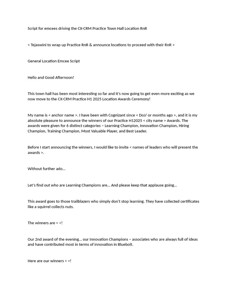 CX-CRM Practice Town Hall Emcee Script | PDF