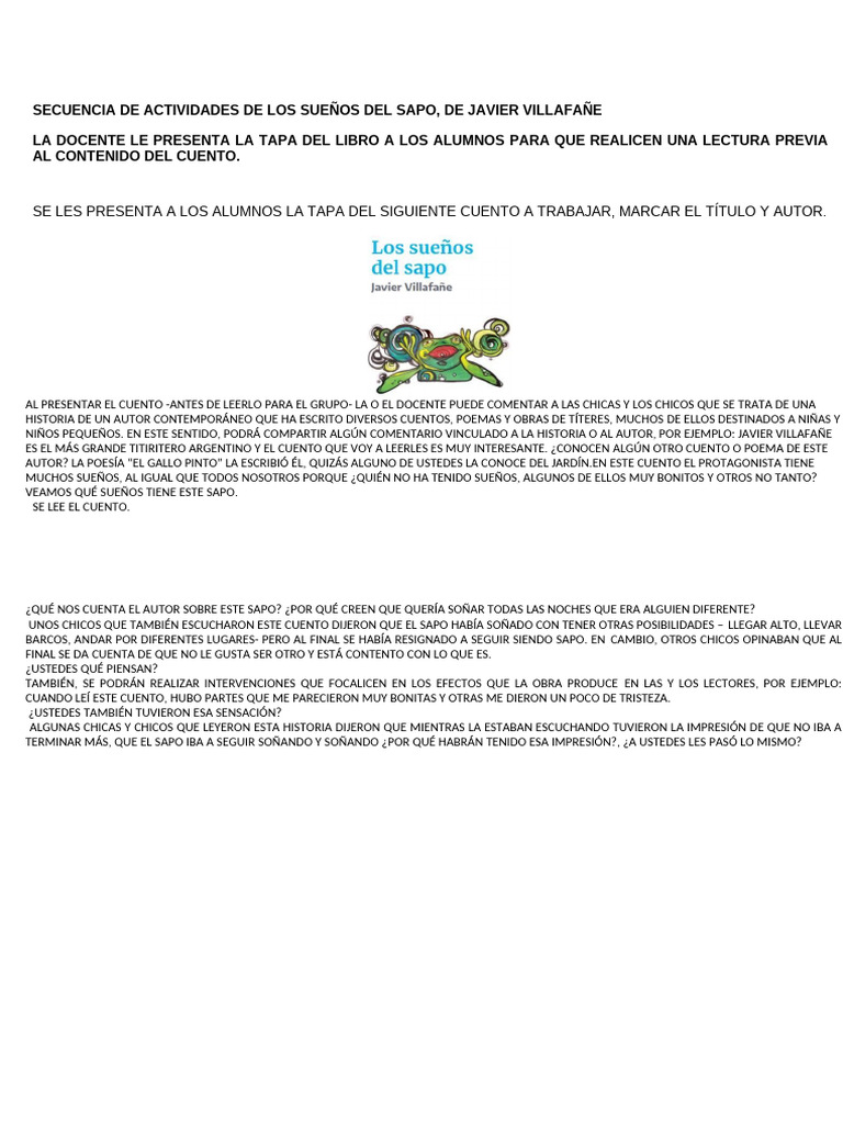 Actividades sobre "Los sueños del sapo" | PDF