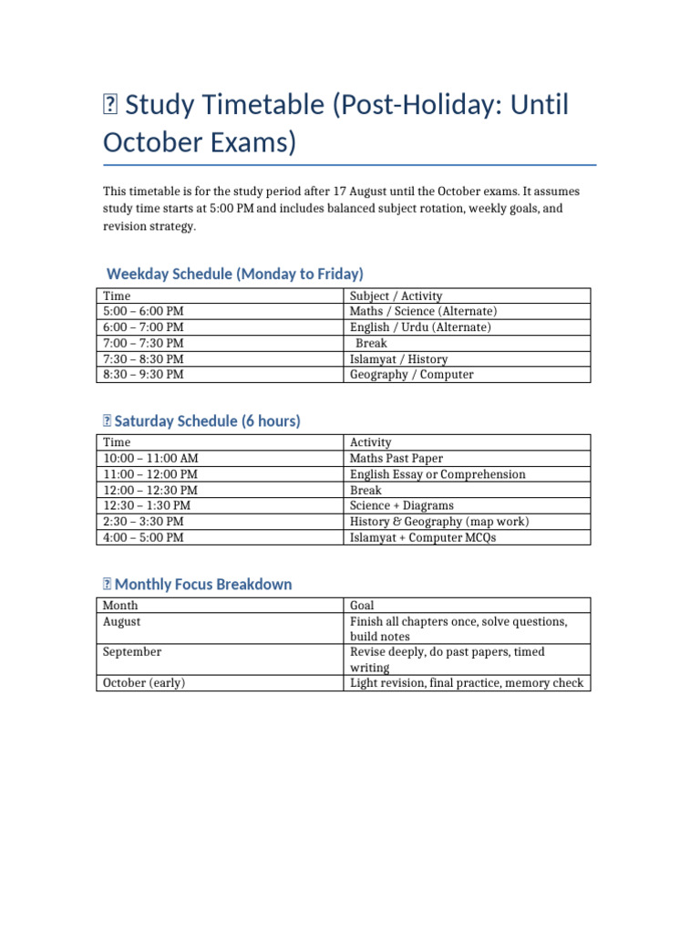Post Holiday Study Timetable | PDF
