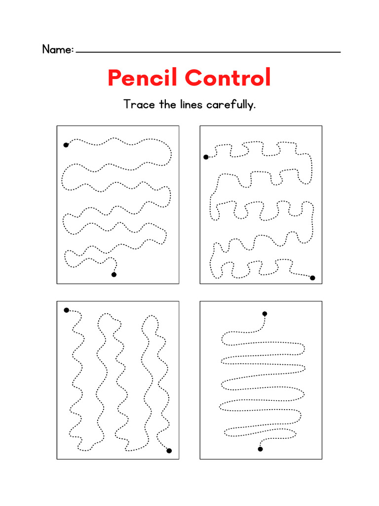 Pencil Control Tracing Worksheet in Red and Black Illustrative Style ...