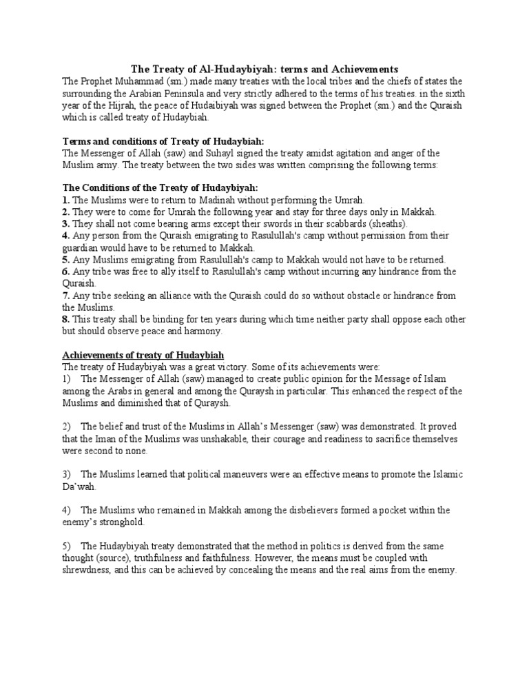 Terms and Achievements of Hudaybiyah Treaty | PDF | Muslim | Treaty