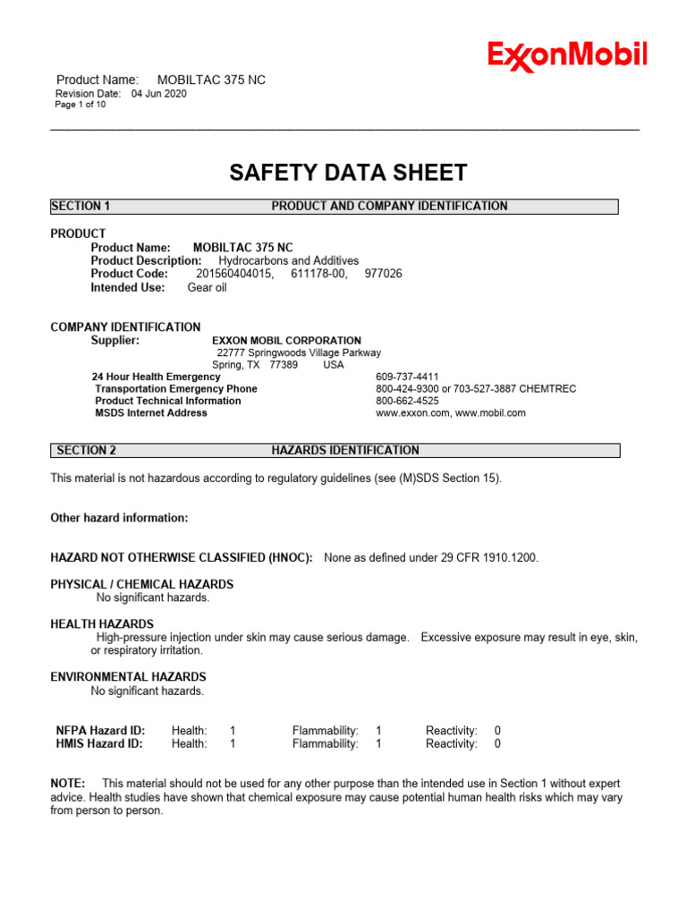 MOBILTAC 375 NC Safety Data Sheet | PDF | Occupational Safety And Health