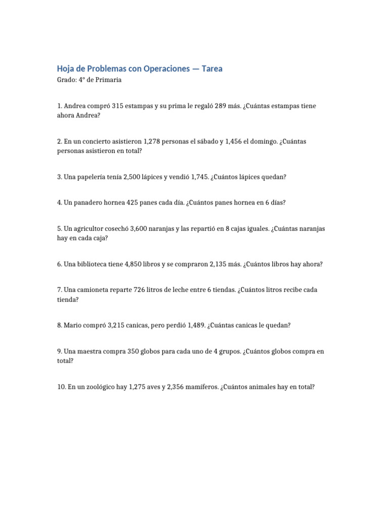 Hoja Problemas Tarea 4to Grado | PDF