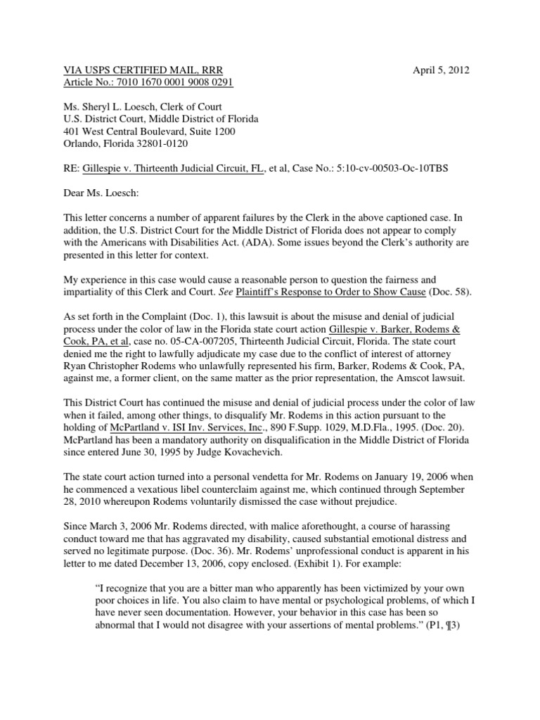 Sheryl L. Loesch, Clerk Re 5.10-Cv-00503, Gillespie V Thirteenth ...