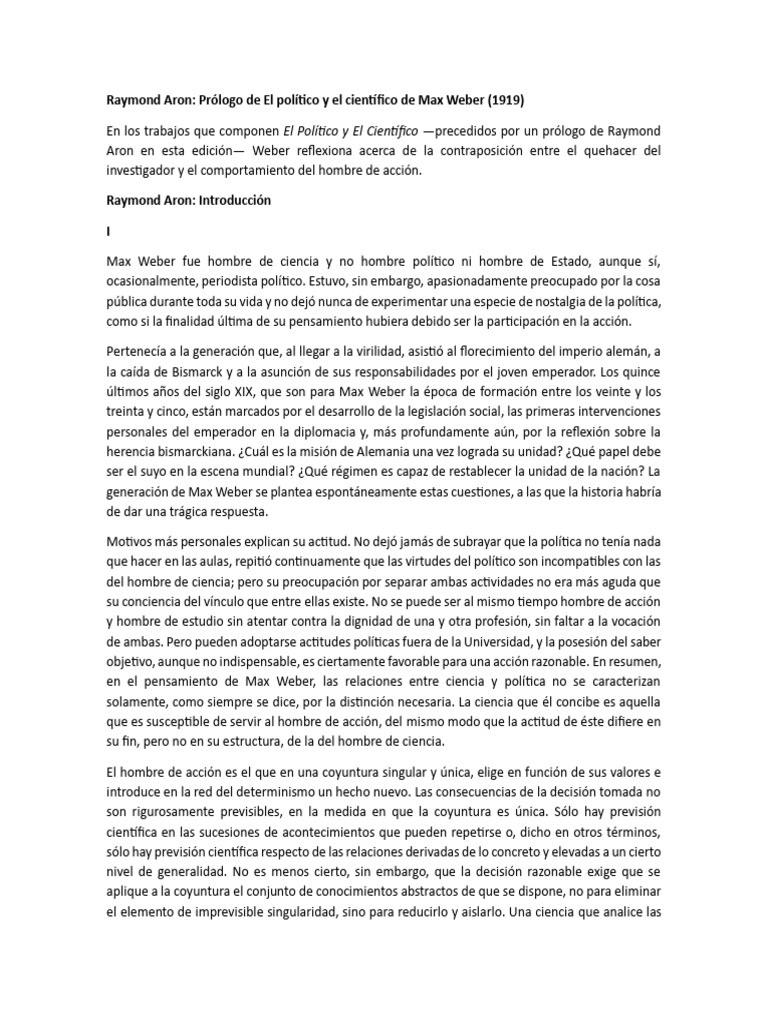 El Politico El Cientifico M.Weber Intro R.Aron | PDF | Verdad | Max Weber