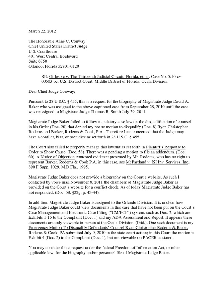 Chief Judge Anne C. Conway, Re 5.10-Cv-00503, Gillespie Letter | PDF ...