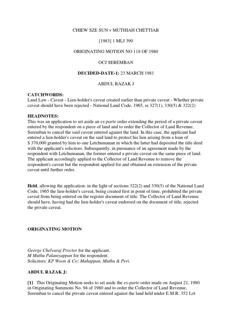 Case Chiew Sze Sun V Muthiah Chettiar | PDF | Lien | Civil Law (Common Law)