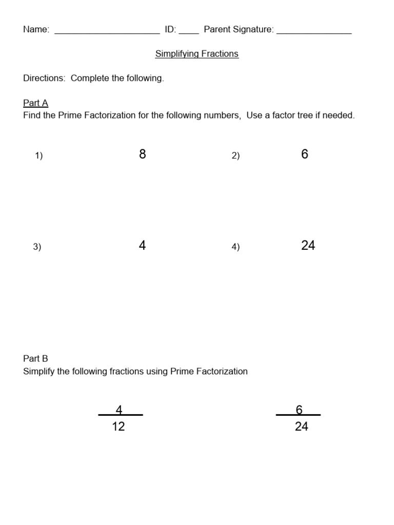 Simplifying Fractions Worksheet | PDF