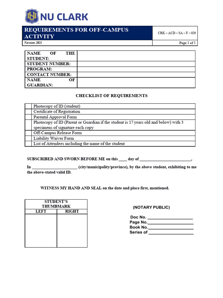 CRK ACD SA F 029 Checklist of Requirements For Off Campus Activity | PDF