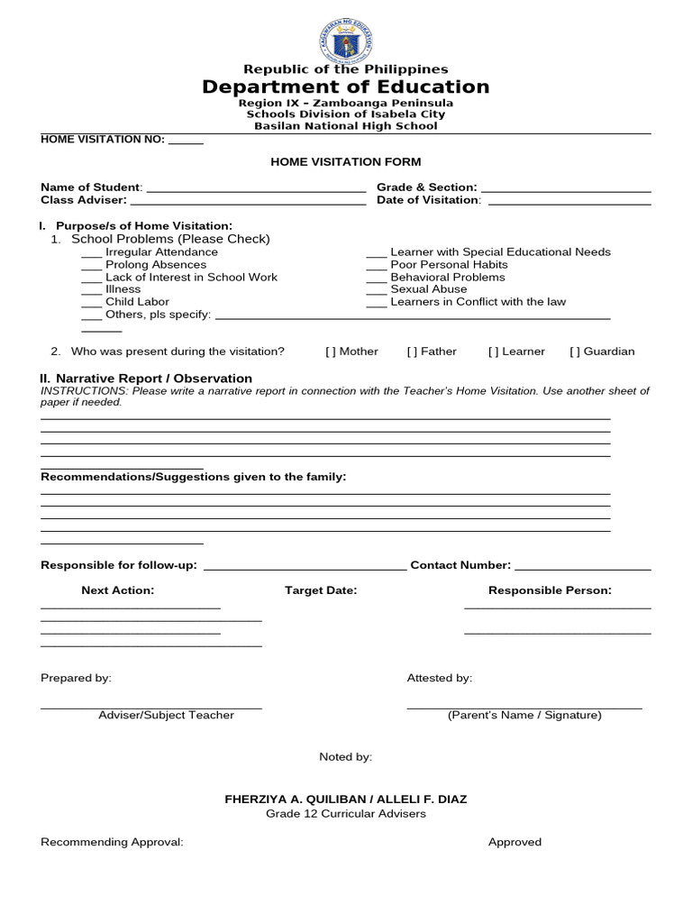 Home Visitation Form for Students | PDF | Behavioural Sciences | Youth