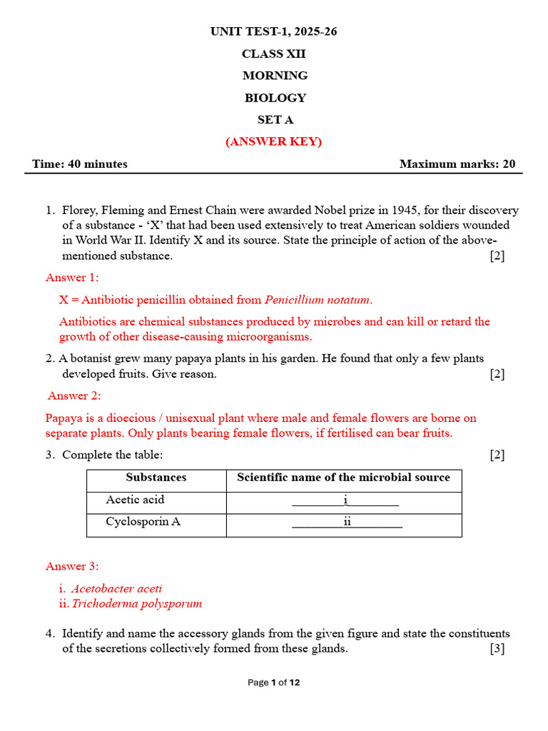 Class XII Biology Unit Test 2025-26 Answer Key | PDF | Ploidy | Testicle