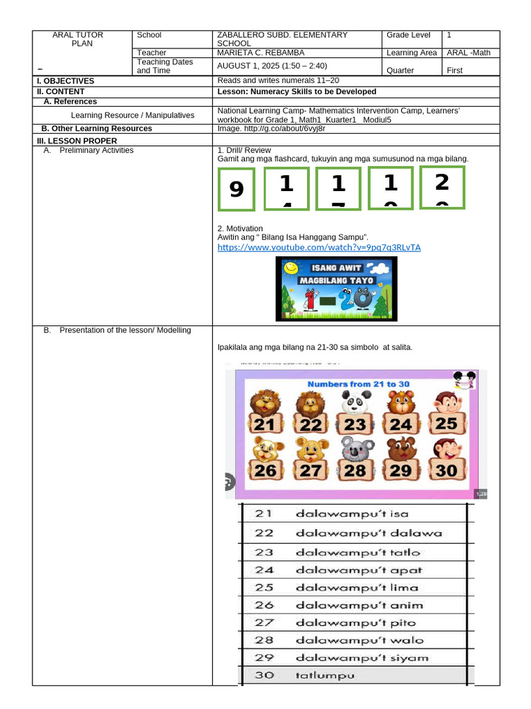 Math Aral Plan q1 w2 d2 | PDF
