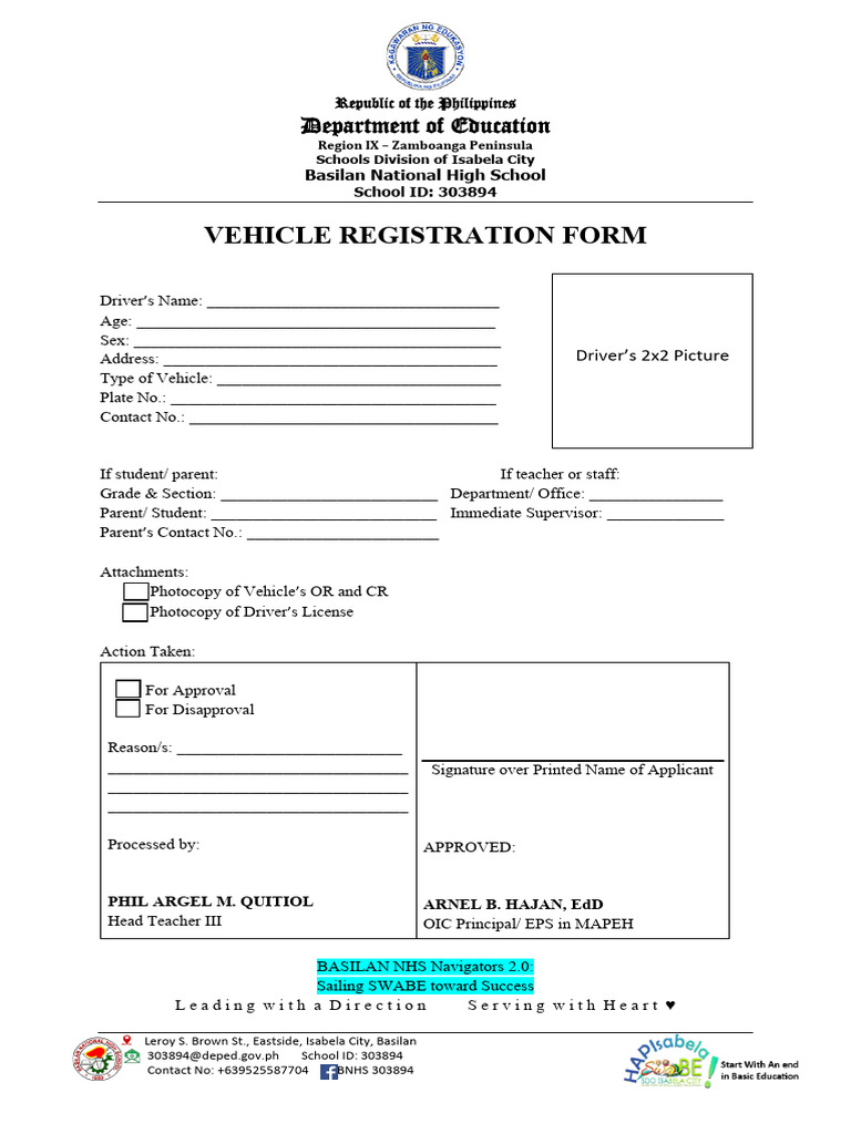 Vehicle Registration Form for School Staff | PDF