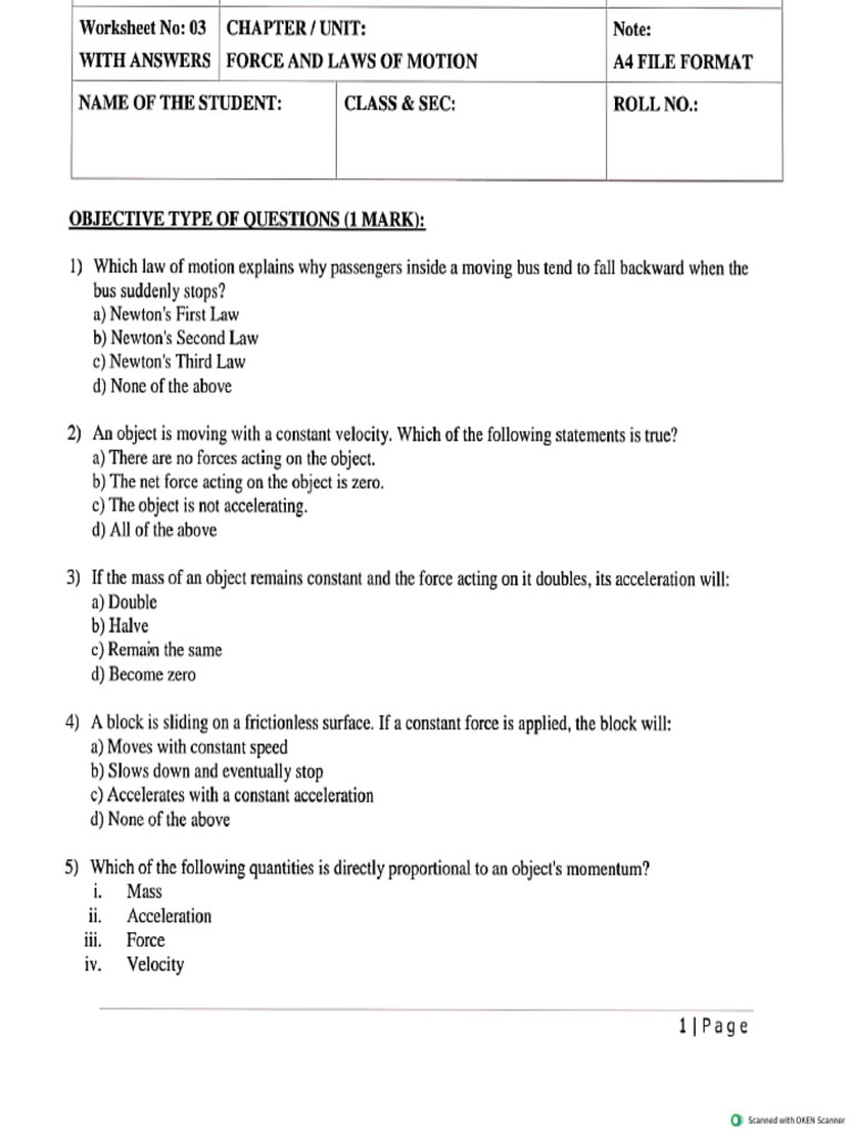 Class 9 - Science - Phy - Force and Laws of Motion - Ws | PDF