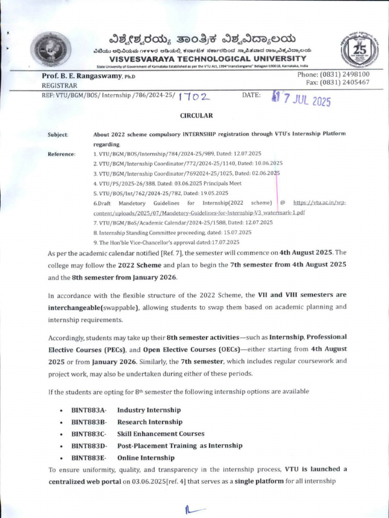 Circular (1702) - Internship Compulsory Registration Through VTU's Internship Platform (202 ...