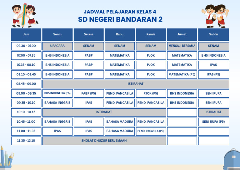 Jadwal Pelajaran Kelas 4 SD Bandaran | PDF