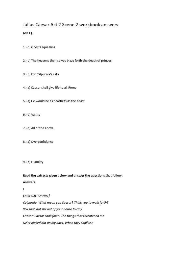 Julius Caesar Act 2 Scene 2 Workbook Answers | PDF | Superstitions ...