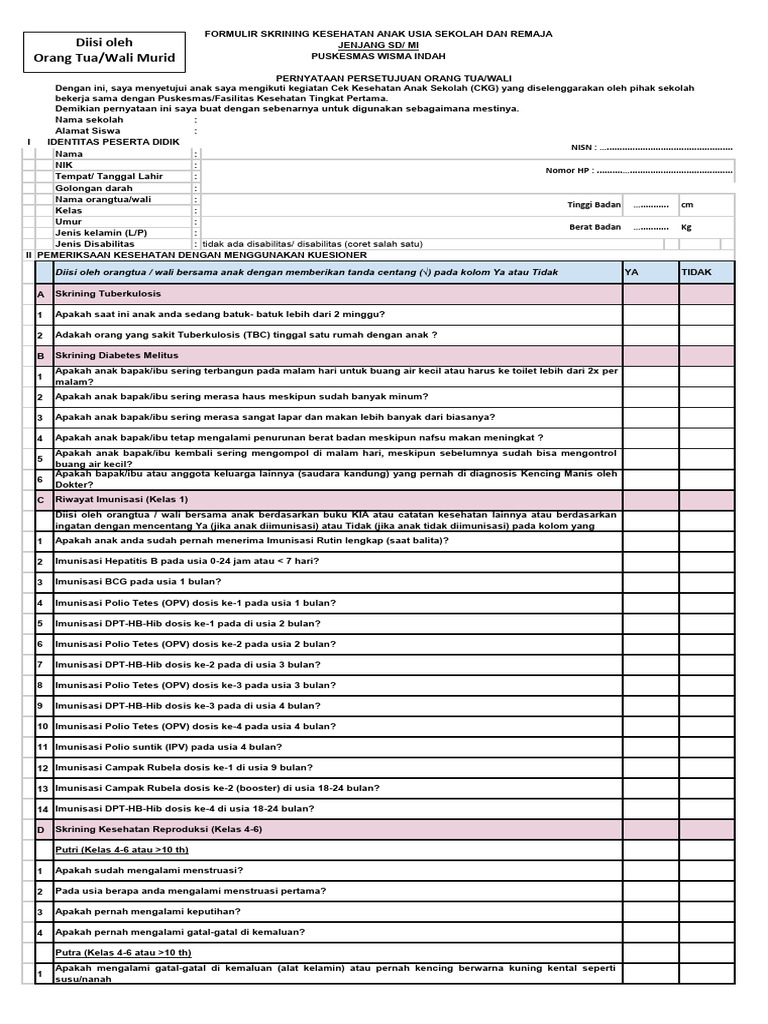 Formulir Skrining Kesehatan SD - Mi 2025 | PDF