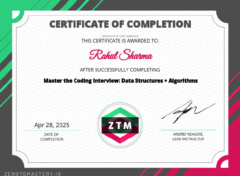 Certificate of Completion For Master The Coding Interview Data Structures Algorithms 2 | PDF