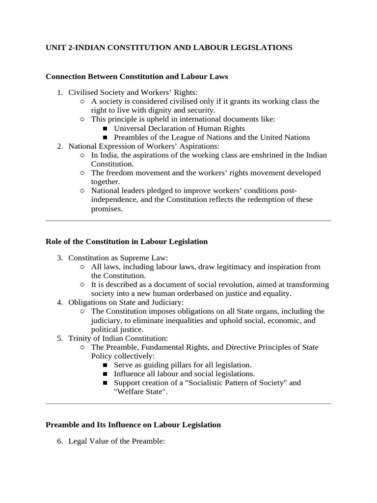 Unit 2-Indian Constitution and Labour Legislations | PDF | Labour Law | Equal Pay For Equal Work