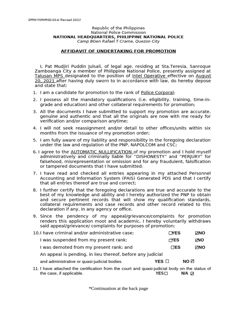Affidavit for Police Promotion 2023 | PDF | Affidavit | Justice