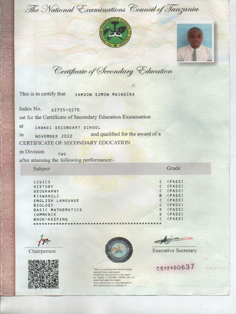 Form IV Certificate Samson Mwingira | PDF