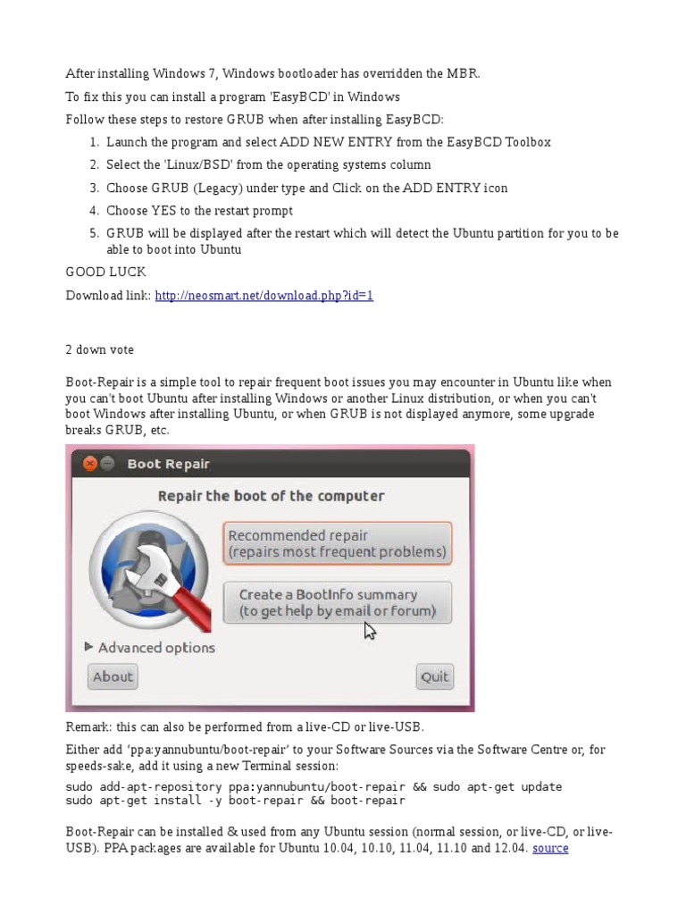 Restore GRUB After Windows 7 Install | PDF