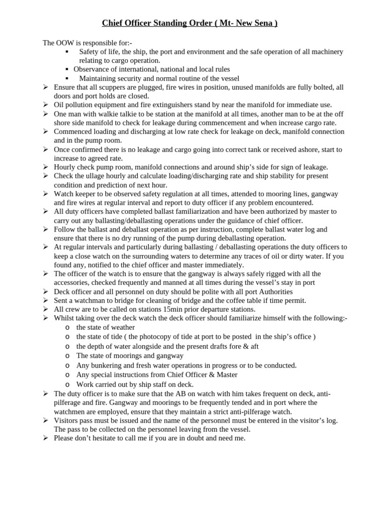 Chief Officer Standing Order (MT - New Sena) | PDF | Ships | Shipping