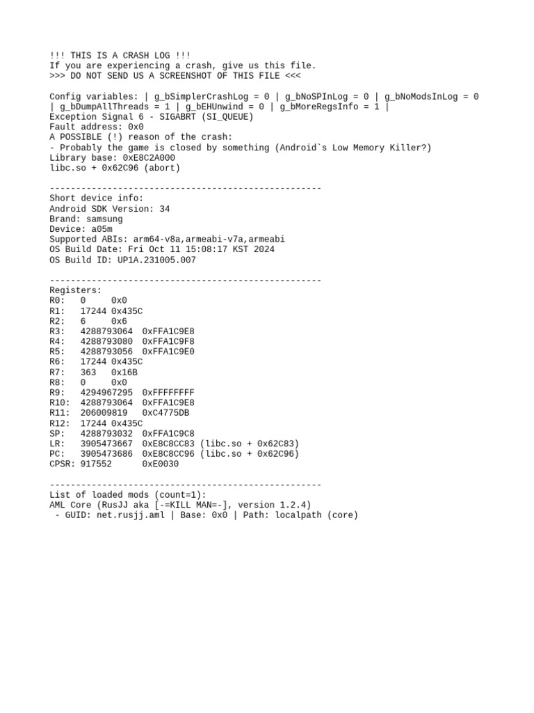 Android Crash Log: AML Core Issue | PDF