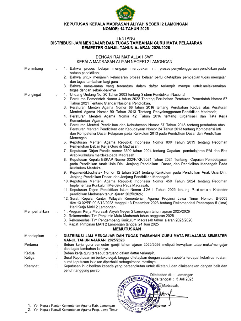 1 SK Pembagian Tugas Mengajar Ganjil TA 2025-2026 | PDF