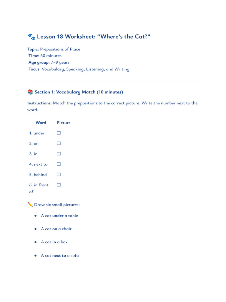 Super Starters Speaking - ? Lesson 18 Worksheet - "Where's The Cat ...
