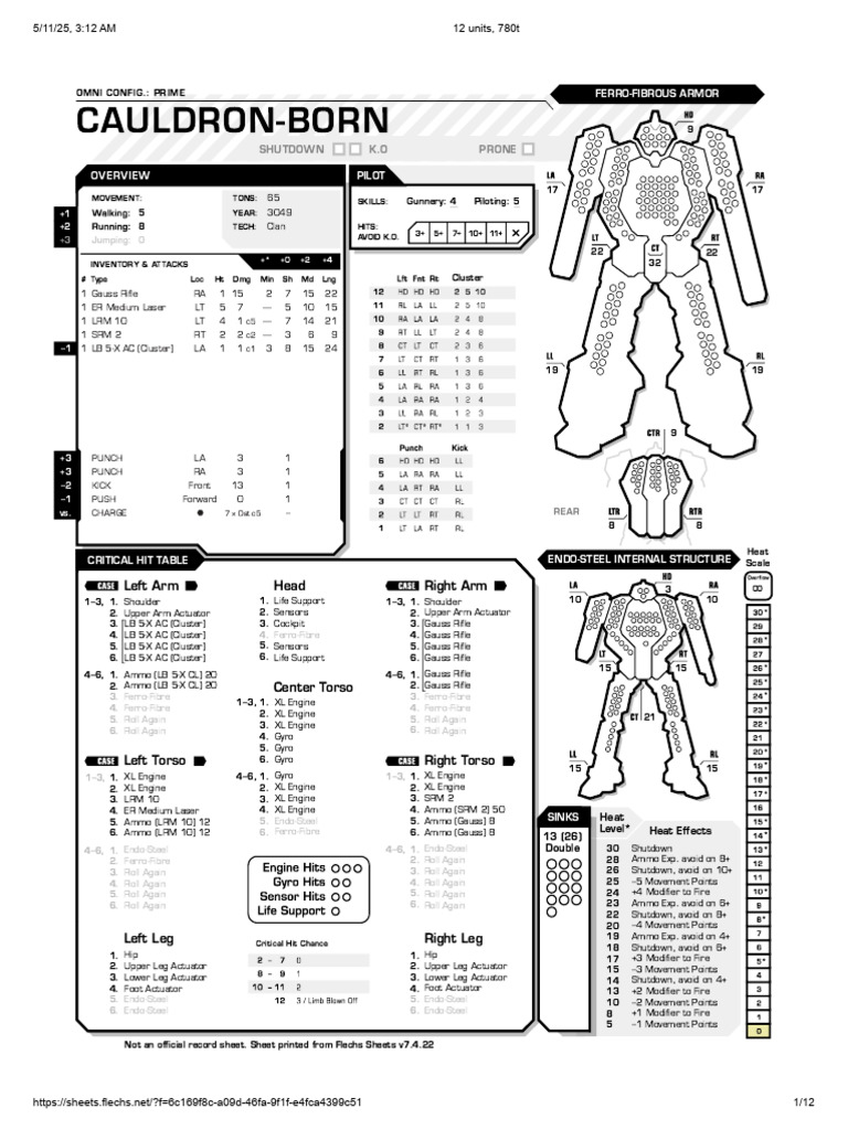 Cauldron-Born BattleMech Stats Sheet | PDF