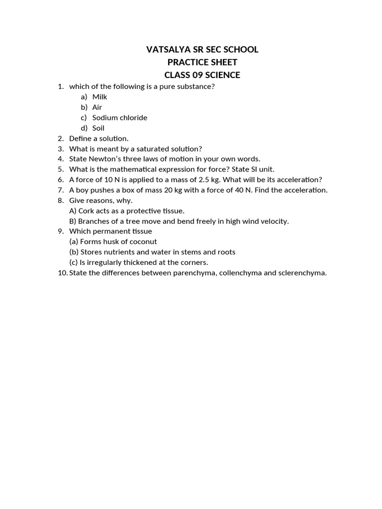09 Science Vts Worksheet | PDF