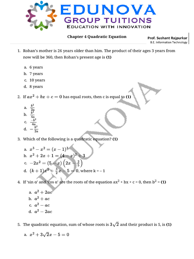 10th CBSE - Maths Quadratic Equation Test | PDF | Length | Quadratic ...