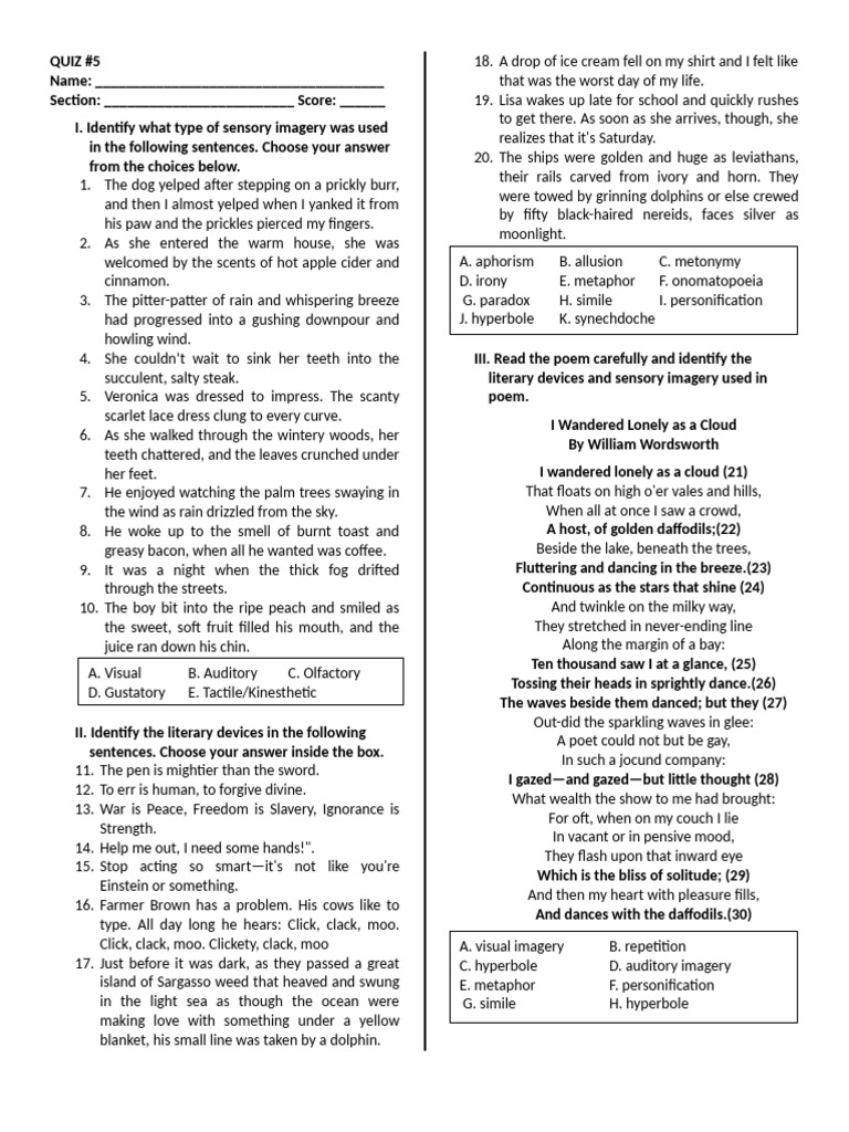 Literary Device AND Sensory IMAGERY QUIZ | PDF