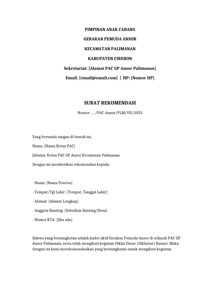 Surat Rekomendasi SUSBALAN PAC GP Ansor Palimanan | PDF