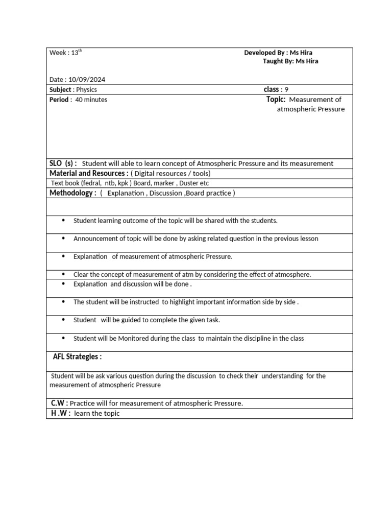 Atmospheric Pressure Measurement Lesson | PDF