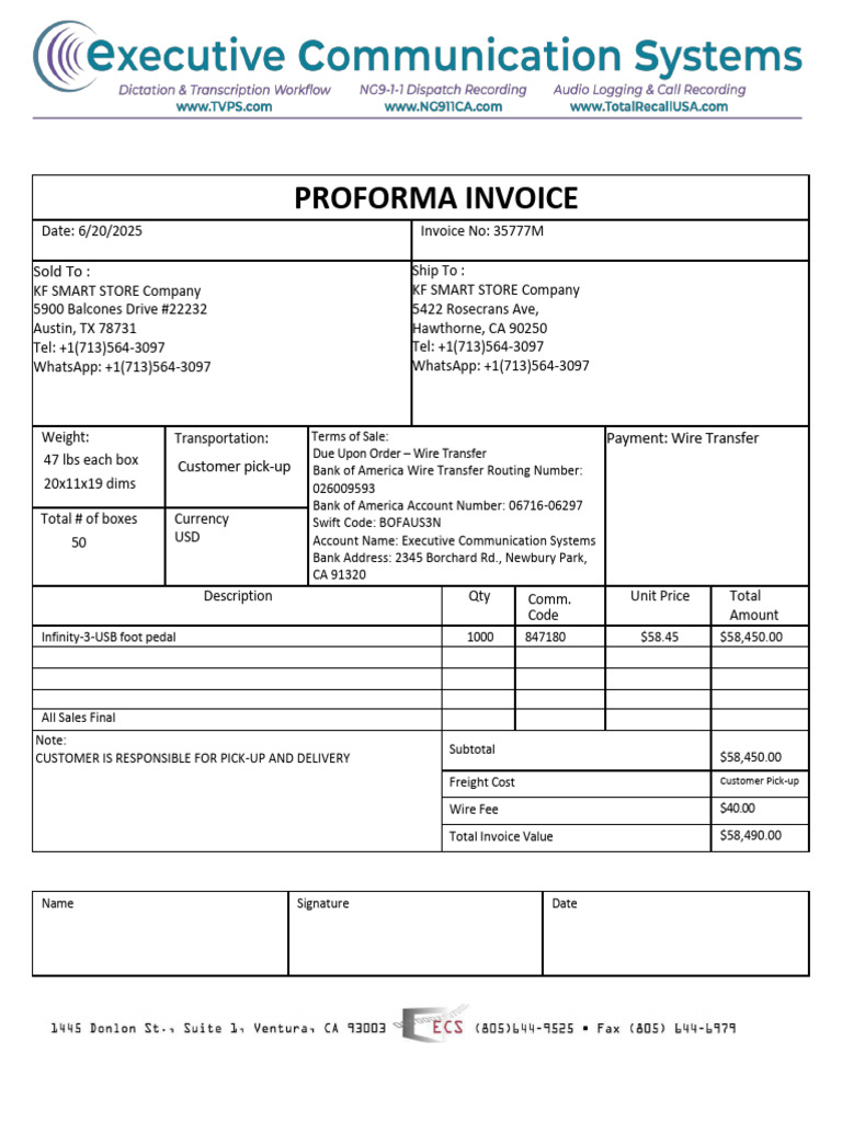 Proforma Invoice for KF Smart Store | PDF | Wire Transfer | Invoice