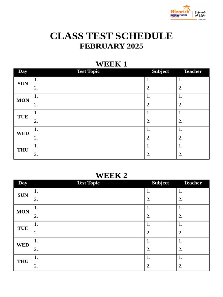 Monthly Class Test Schedule | PDF