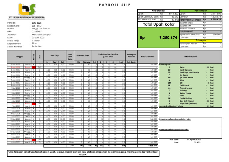 Payroll Slip July 2025 Summary | PDF