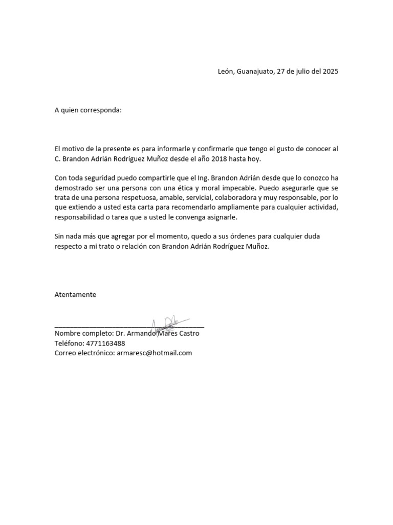 Carta de recomendación para Brandon Adrián | PDF