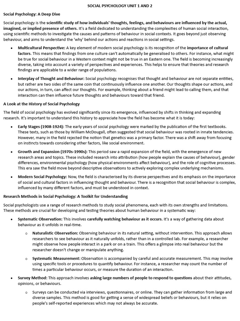 Social Psychology Unit 1 and 2 | PDF | Thought | Schema (Psychology)