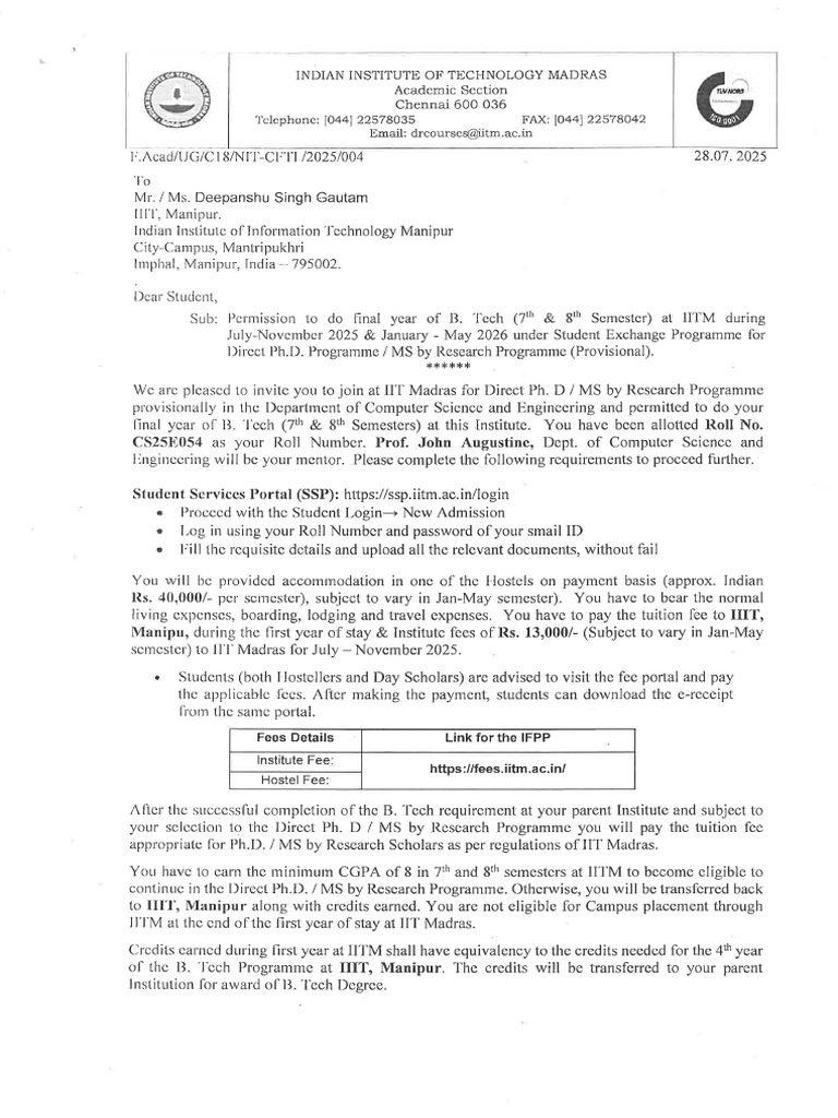 IITM offer letter for exchange | PDF