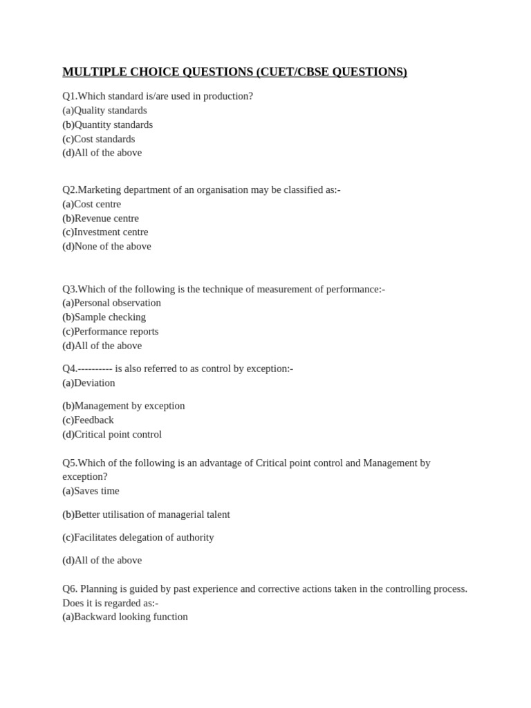 CUET MCQ on Management Control | PDF | Business
