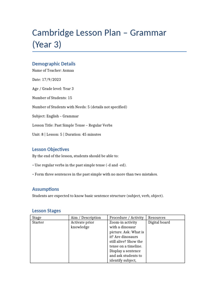 Cambridge Lesson Plan Grammar Year3 Past Simple | PDF | Subject ...