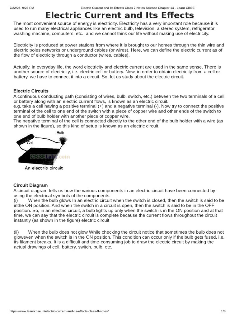 Electric Current and Its Effects Class 7 Notes Science Chapter 14 ...