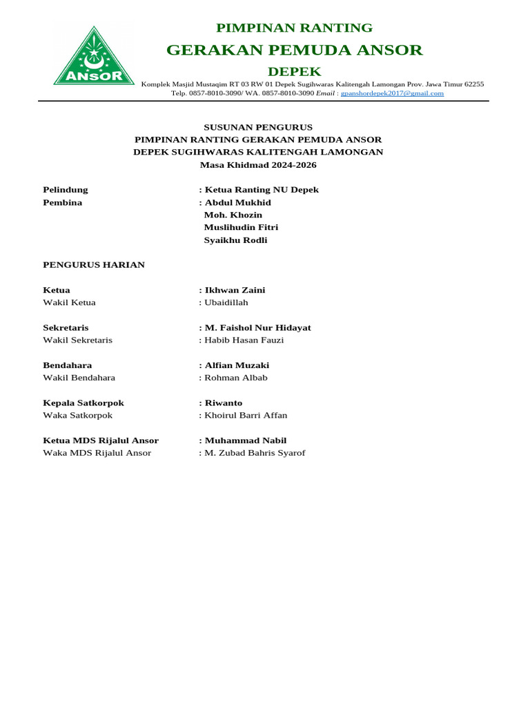 Struktur dan Acara GP Ansor Depek 2024-2026 | PDF