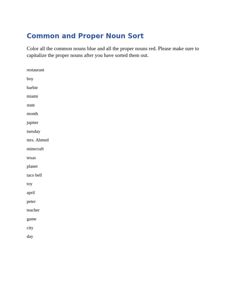 Common vs. Proper Noun Sorting Guide | PDF
