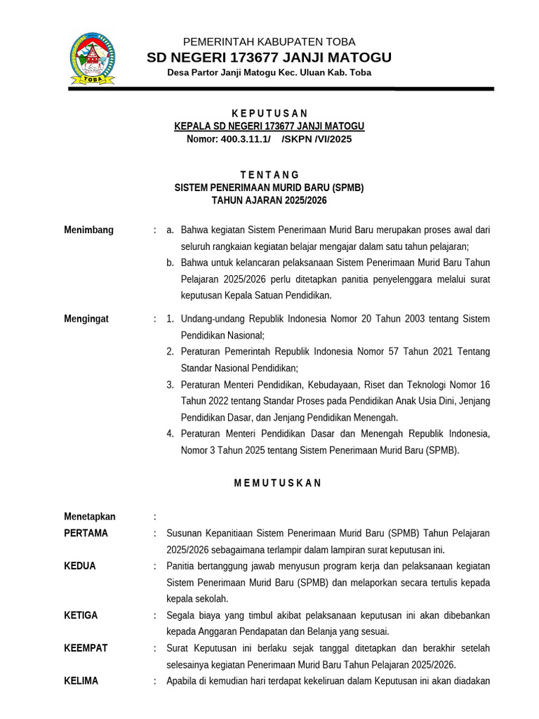 SK Panitia SPMB SD 2025/2026 | PDF